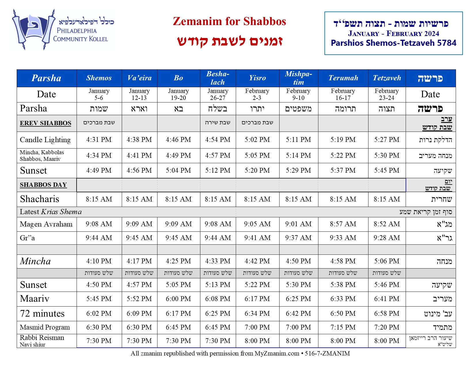 Davening Times - The Philadelphia Community Kollel